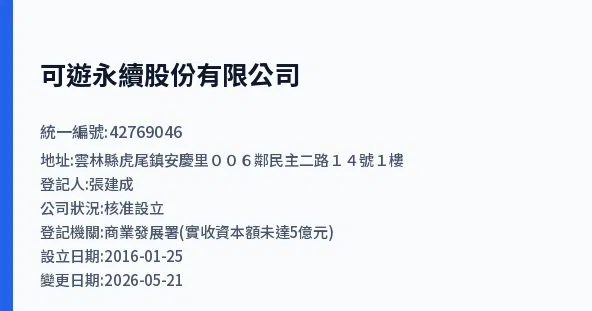 可遊永續股份有限公司的照片-統編 42769046(雲林縣) 公司登記資料與營業項目詳細圖表