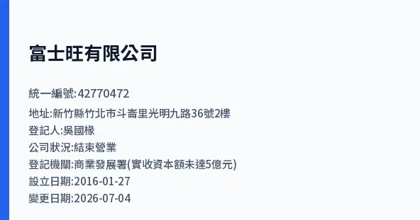 富士旺有限公司的照片-統編 42770472(新竹縣) 公司登記資料與營業項目詳細圖表
