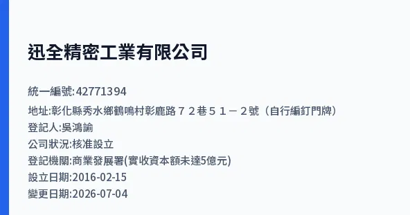 迅全精密工業有限公司的照片-統編 42771394(彰化縣) 公司登記資料與營業項目詳細圖表