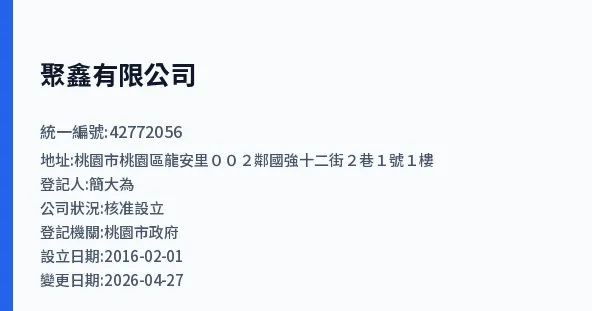 聚鑫有限公司的照片-統編 42772056(桃園市) 公司登記資料與營業項目詳細圖表
