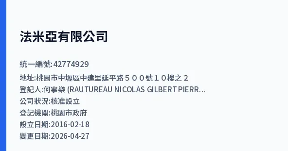 法米亞有限公司的照片-統編 42774929(桃園市) 公司登記資料與營業項目詳細圖表