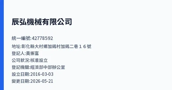 辰弘機械有限公司的照片-統編 42778592(彰化縣) 公司登記資料與營業項目詳細圖表