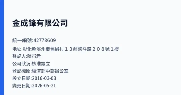 金成鋒有限公司的照片-統編 42778609(彰化縣) 公司登記資料與營業項目詳細圖表