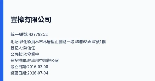 豈樟有限公司的照片-統編 42779852(彰化縣) 公司登記資料與營業項目詳細圖表
