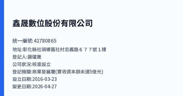 鑫晟數位股份有限公司的照片-統編 42780865(彰化縣) 公司登記資料與營業項目詳細圖表
