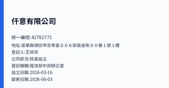 仟意有限公司的照片-統編 42782771(苗栗縣) 公司登記資料與營業項目詳細圖表