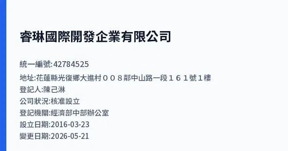 睿琳國際開發企業有限公司的照片-統編 42784525(花蓮縣) 公司登記資料與營業項目詳細圖表