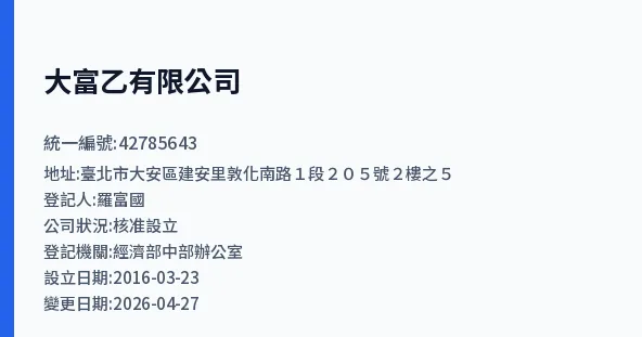 大富乙有限公司的照片-統編 42785643(臺北市) 公司登記資料與營業項目詳細圖表