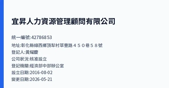 宜昇人力資源管理顧問有限公司的照片-統編 42786853(彰化縣) 公司登記資料與營業項目詳細圖表