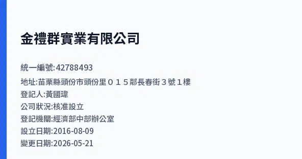 金禮群實業有限公司的照片-統編 42788493(苗栗縣) 公司登記資料與營業項目詳細圖表