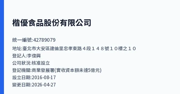 楷優食品股份有限公司的照片-統編 42789079(臺北市) 公司登記資料與營業項目詳細圖表