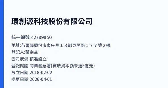環創源科技股份有限公司的照片-統編 42789850(苗栗縣) 公司登記資料與營業項目詳細圖表