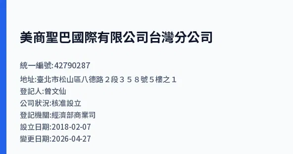 美商聖巴國際有限公司台灣分公司的照片-統編 42790287(臺北市) 公司登記資料與營業項目詳細圖表
