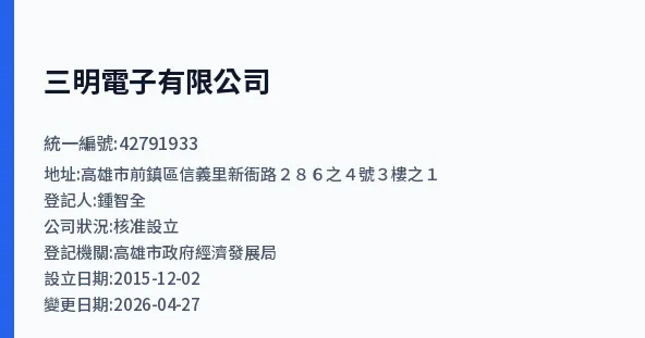 三明電子有限公司的照片-統編 42791933(高雄市) 公司登記資料與營業項目詳細圖表