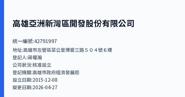 高雄亞洲新灣區開發股份有限公司的照片-統編 42791997(高雄市) 公司登記資料與營業項目詳細圖表