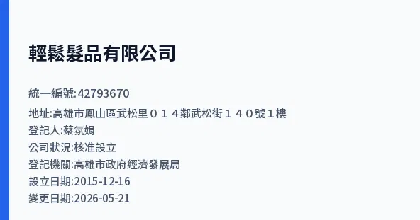 輕鬆髮品有限公司的照片-統編 42793670(高雄市) 公司登記資料與營業項目詳細圖表