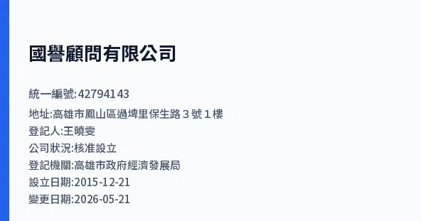國譽顧問有限公司的照片-統編 42794143(高雄市) 公司登記資料與營業項目詳細圖表