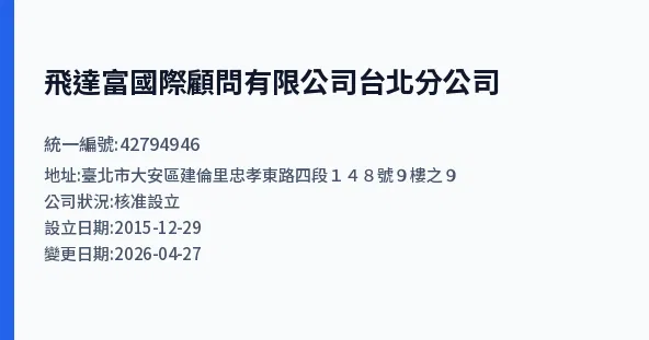 飛達富國際顧問有限公司台北分公司的照片-統編 42794946(臺北市) 公司登記資料與營業項目詳細圖表