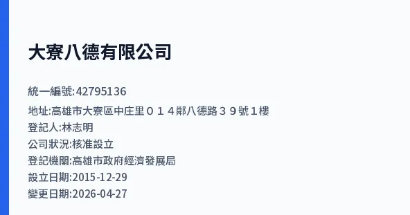 大寮八德有限公司的照片-統編 42795136(高雄市) 公司登記資料與營業項目詳細圖表
