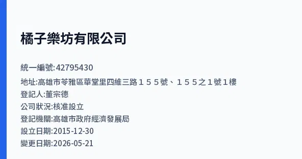橘子樂坊有限公司的照片-統編 42795430(高雄市) 公司登記資料與營業項目詳細圖表