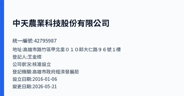 中天農業科技股份有限公司的照片-統編 42795987(高雄市) 公司登記資料與營業項目詳細圖表