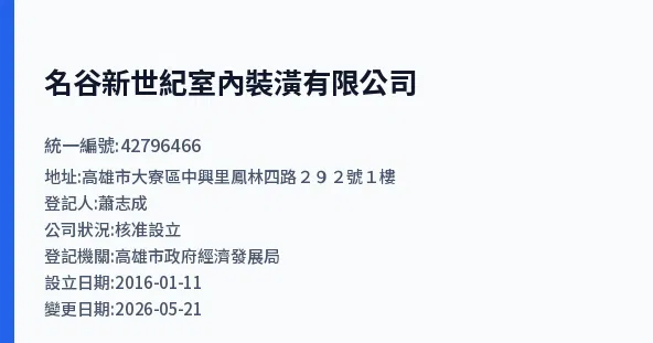 名谷新世紀室內裝潢有限公司的照片-統編 42796466(高雄市) 公司登記資料與營業項目詳細圖表