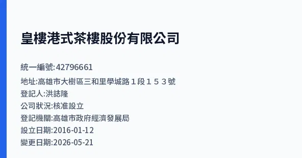 皇樓港式茶樓股份有限公司的照片-統編 42796661(高雄市) 公司登記資料與營業項目詳細圖表
