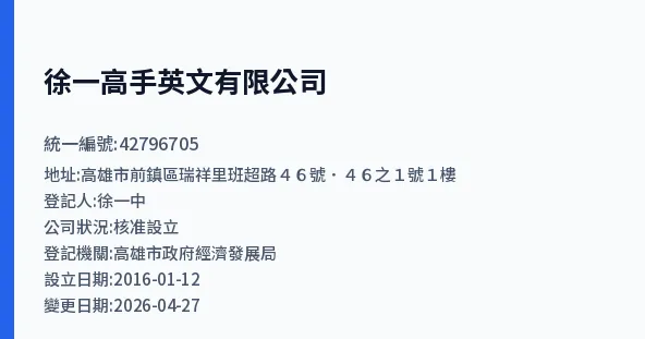 徐一高手英文有限公司的照片-統編 42796705(高雄市) 公司登記資料與營業項目詳細圖表