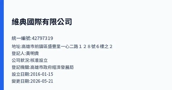 維典國際有限公司的照片-統編 42797319(高雄市) 公司登記資料與營業項目詳細圖表