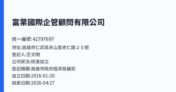 富業國際企管顧問有限公司的照片-統編 42797697(高雄市) 公司登記資料與營業項目詳細圖表