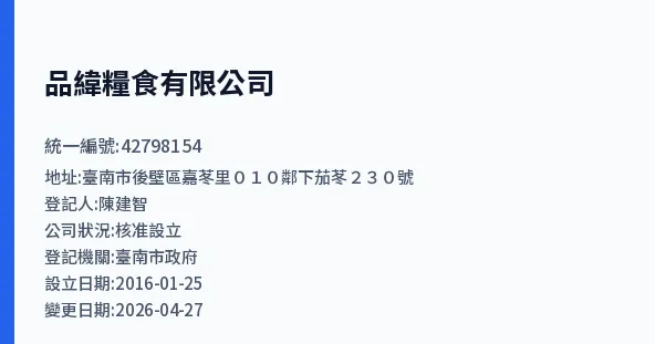 品緯糧食有限公司的照片-統編 42798154(臺南市) 公司登記資料與營業項目詳細圖表