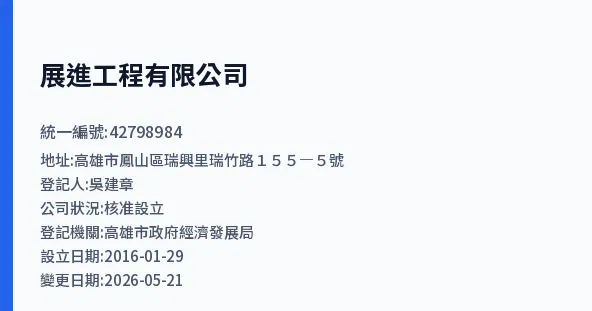 展進工程有限公司的照片-統編 42798984(高雄市) 公司登記資料與營業項目詳細圖表