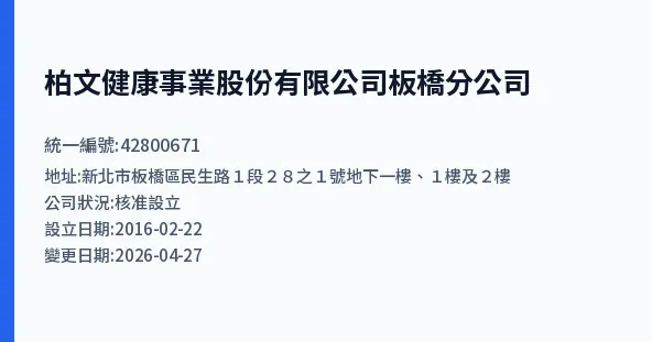 柏文健康事業股份有限公司板橋分公司的照片-統編 42800671(新北市) 公司登記資料與營業項目詳細圖表