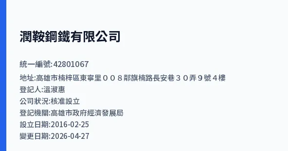 潤鞍鋼鐵有限公司的照片-統編 42801067(高雄市) 公司登記資料與營業項目詳細圖表
