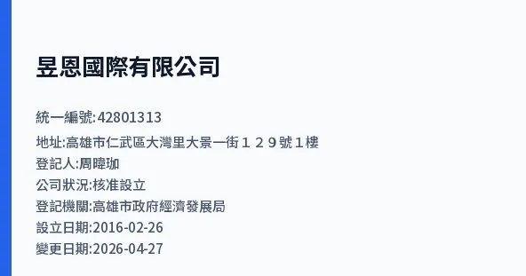 昱恩國際有限公司的照片-統編 42801313(高雄市) 公司登記資料與營業項目詳細圖表