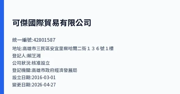 可傑國際貿易有限公司的照片-統編 42801587(高雄市) 公司登記資料與營業項目詳細圖表