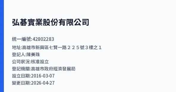 弘碁實業股份有限公司的照片-統編 42802283(高雄市) 公司登記資料與營業項目詳細圖表