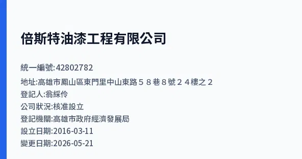 倍斯特油漆工程有限公司的照片-統編 42802782(高雄市) 公司登記資料與營業項目詳細圖表
