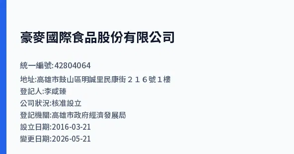 豪麥國際食品股份有限公司的照片-統編 42804064(高雄市) 公司登記資料與營業項目詳細圖表