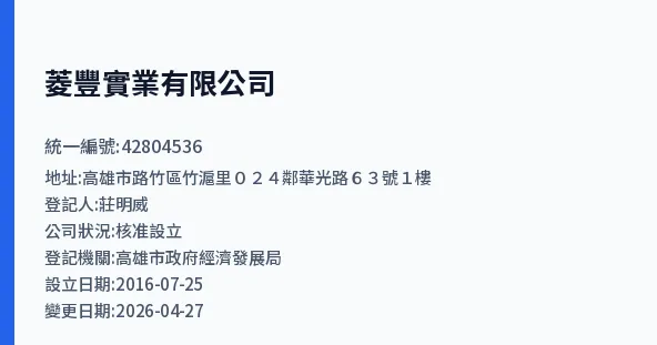 菱豐實業有限公司的照片-統編 42804536(高雄市) 公司登記資料與營業項目詳細圖表