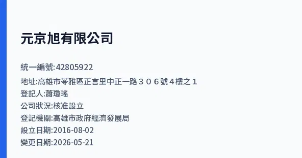 元京旭有限公司的照片-統編 42805922(高雄市) 公司登記資料與營業項目詳細圖表