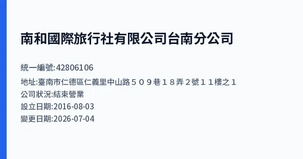 南和國際旅行社有限公司台南分公司的照片-統編 42806106(臺南市) 公司登記資料與營業項目詳細圖表