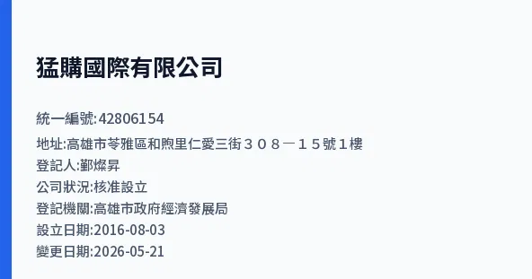 猛購國際有限公司的照片-統編 42806154(高雄市) 公司登記資料與營業項目詳細圖表