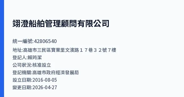 翊澄船舶管理顧問有限公司的照片-統編 42806540(高雄市) 公司登記資料與營業項目詳細圖表