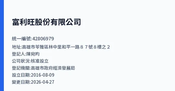 富利旺股份有限公司的照片-統編 42806979(高雄市) 公司登記資料與營業項目詳細圖表