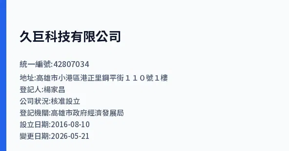 久巨科技有限公司的照片-統編 42807034(高雄市) 公司登記資料與營業項目詳細圖表