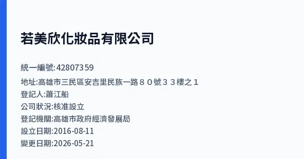 若美欣化妝品有限公司的照片-統編 42807359(高雄市) 公司登記資料與營業項目詳細圖表