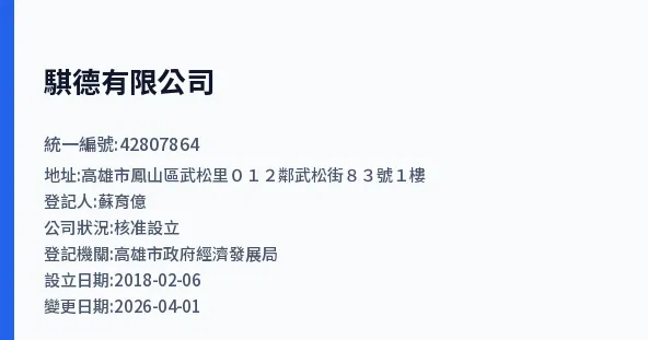 騏德有限公司的照片-統編 42807864(高雄市) 公司登記資料與營業項目詳細圖表