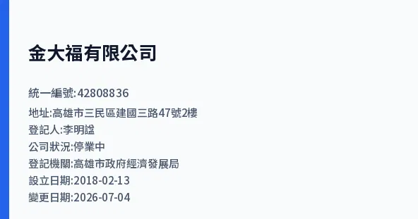 金大福有限公司的照片-統編 42808836(高雄市) 公司登記資料與營業項目詳細圖表