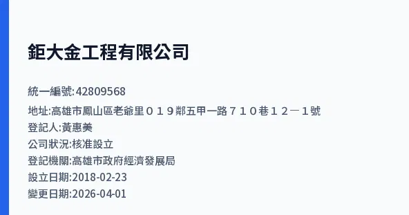 鉅大金工程有限公司的照片-統編 42809568(高雄市) 公司登記資料與營業項目詳細圖表